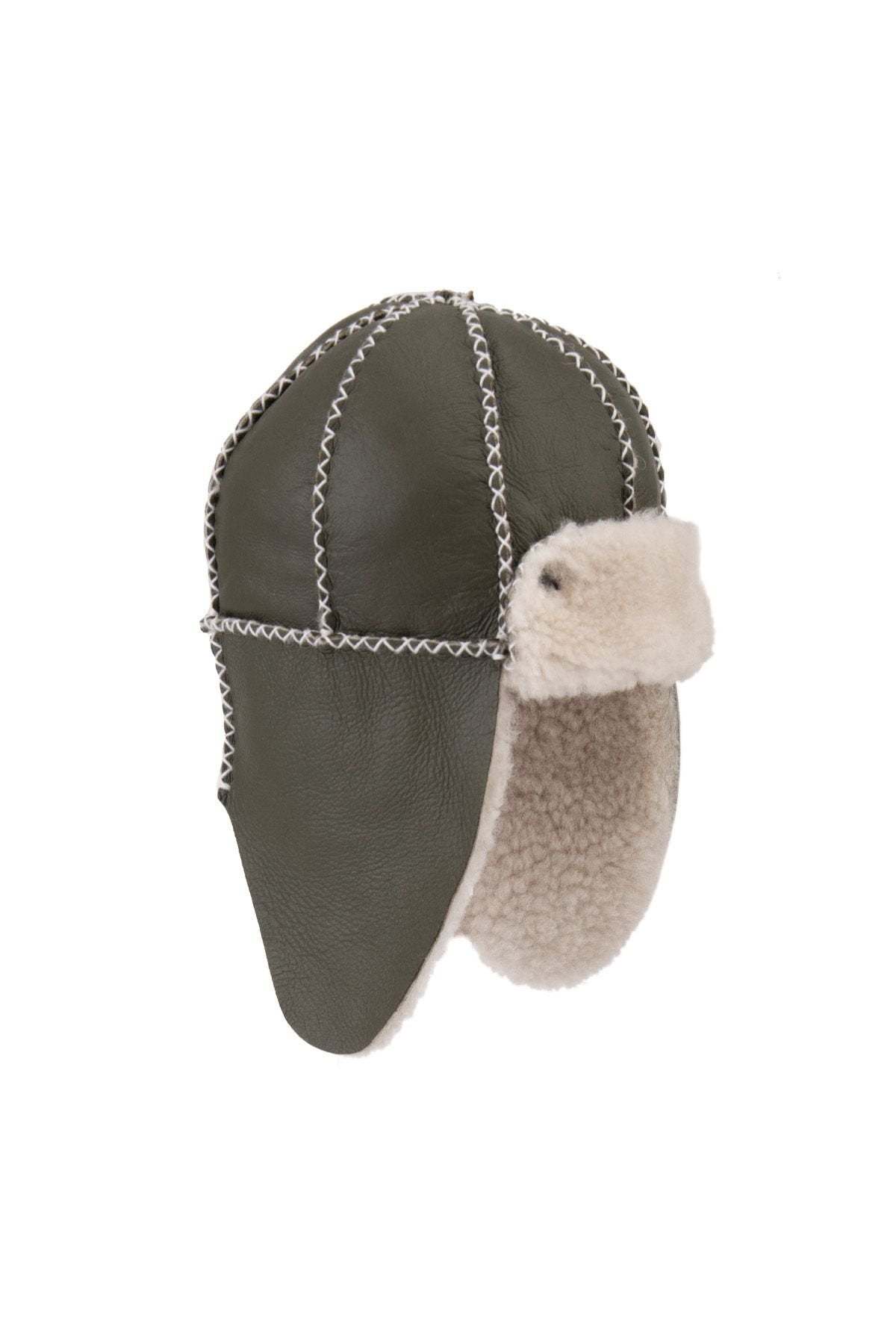 Pegia Toba Baby Aviator Hat – Khaki Leather & Smooth Shearling (0–2 Years)